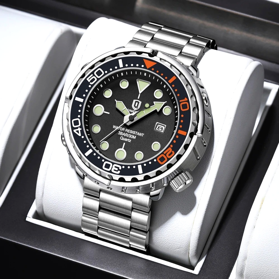 44MM QINGXIYA Tuna Quartz Mens Watch Stainless Steel 30M Waterproof ...