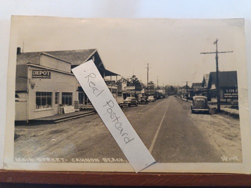 Vtg RPPC. Main Street Cannon Beach Oregon. 1944. Bus Depot, Meat Market ...