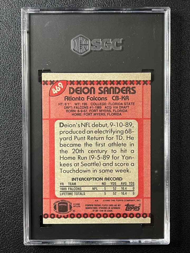 DEION SANDERS SGC 7 1990 TOPPS FOOTBALL #469 2ND YEAR DISCLAIMER BACK ...