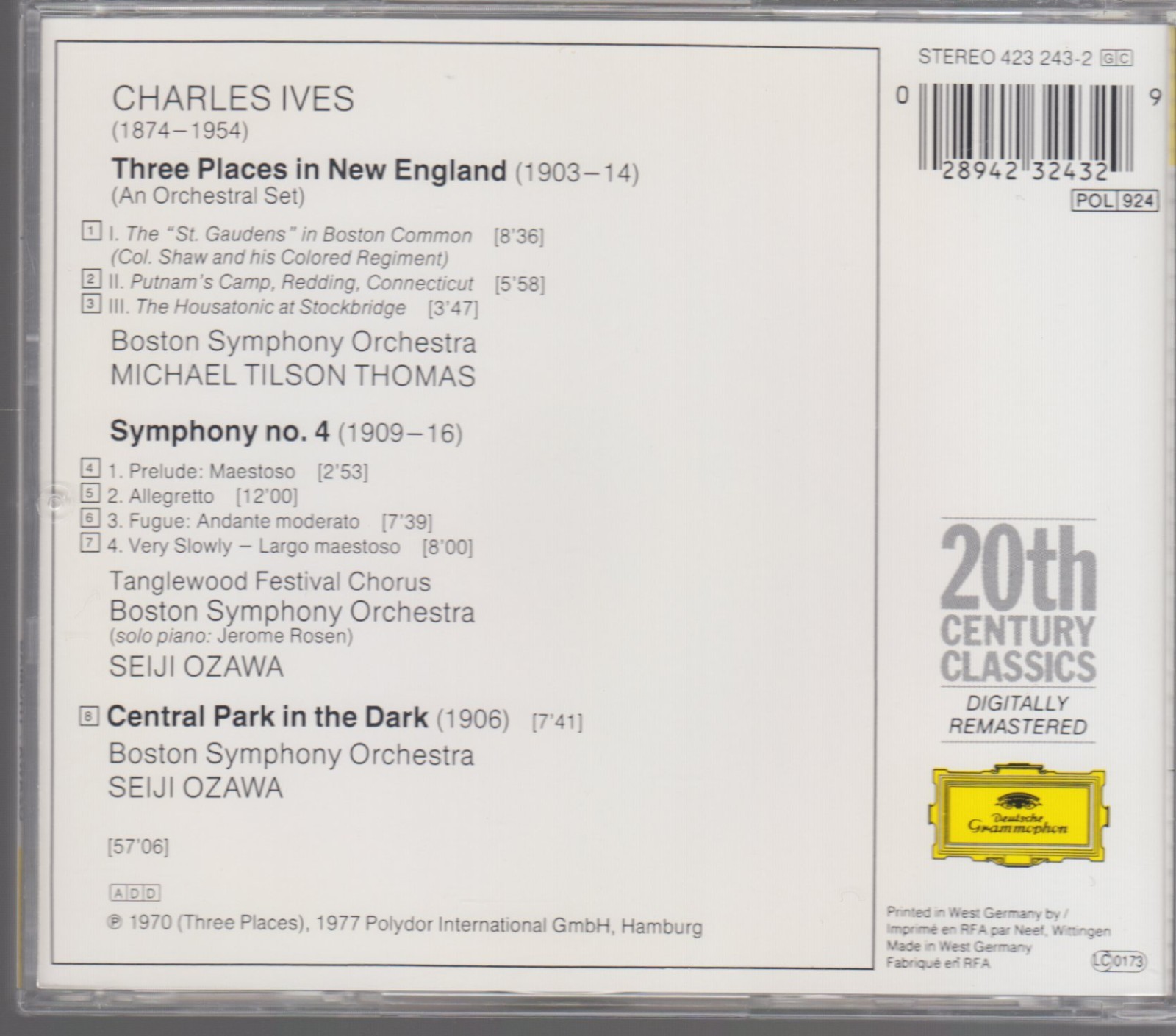 Ozawa/Tilson Thomas IVES - DG CD 423 243-2 W.Germany Full Silver No ...