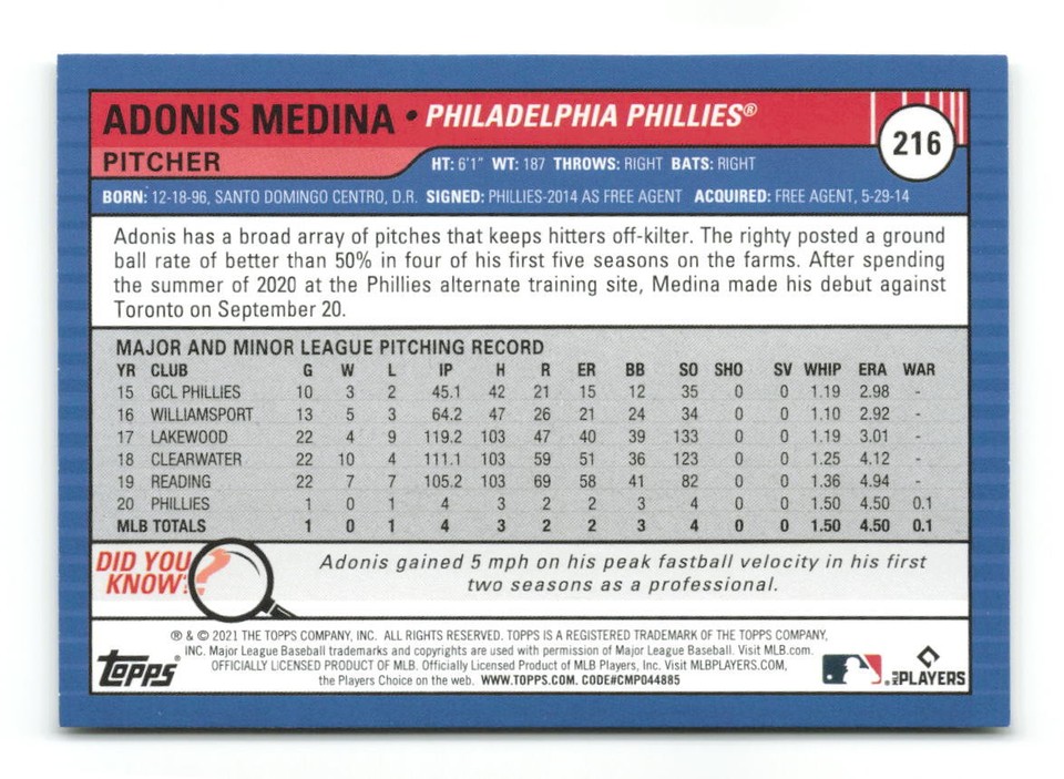 2021 Topps Big League Adonis Medina #216 RC Philadelphia Phillies | eBay