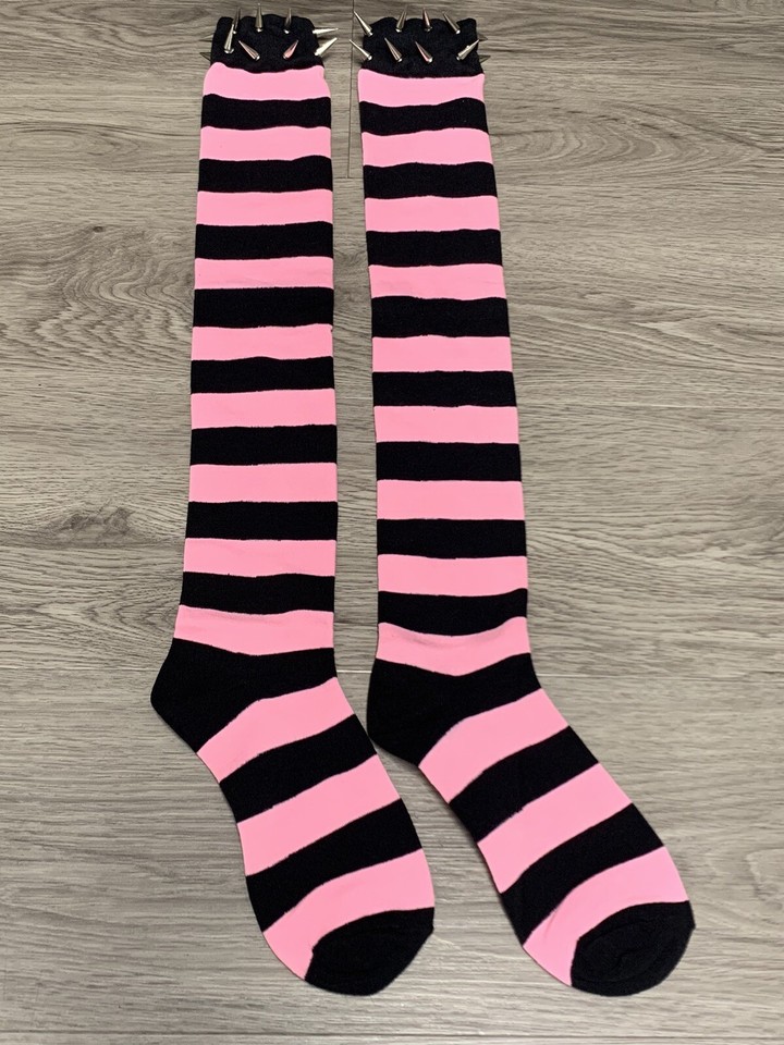 Pastel Punk Goth Pink Black Striped Thigh High Socks Stockings | eBay
