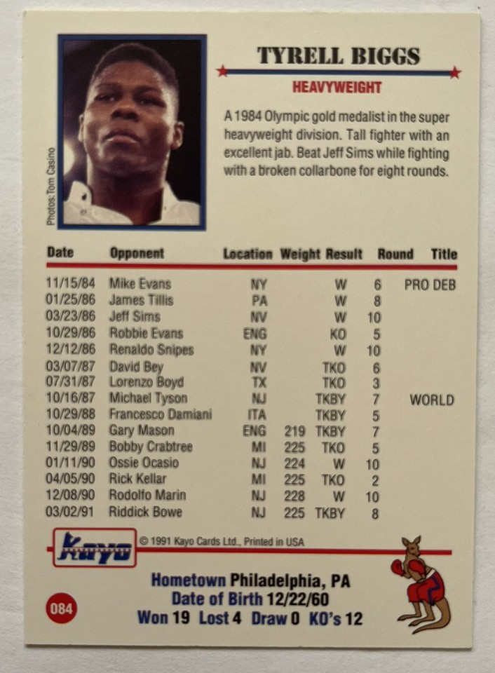 TYRELL BIGGS 1991 KAYO BOXING #84 NR MT HEAVYWEIGHT CHAMPION | eBay