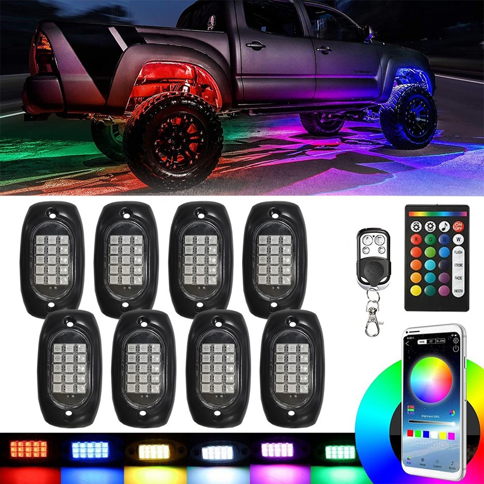 8Pods RGB LED Rock Lights Offroad Music Bluetooth Wireless Underglow ...