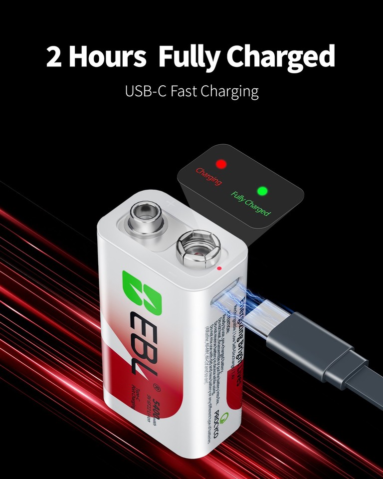 EBL USB 9V Rechargeable Batteries 5400mWh 9 Volt Lithium Battery Pack ...