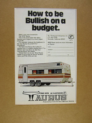 1978 Fleetwood Taurus Travel Trailer photo vintage print Ad | eBay