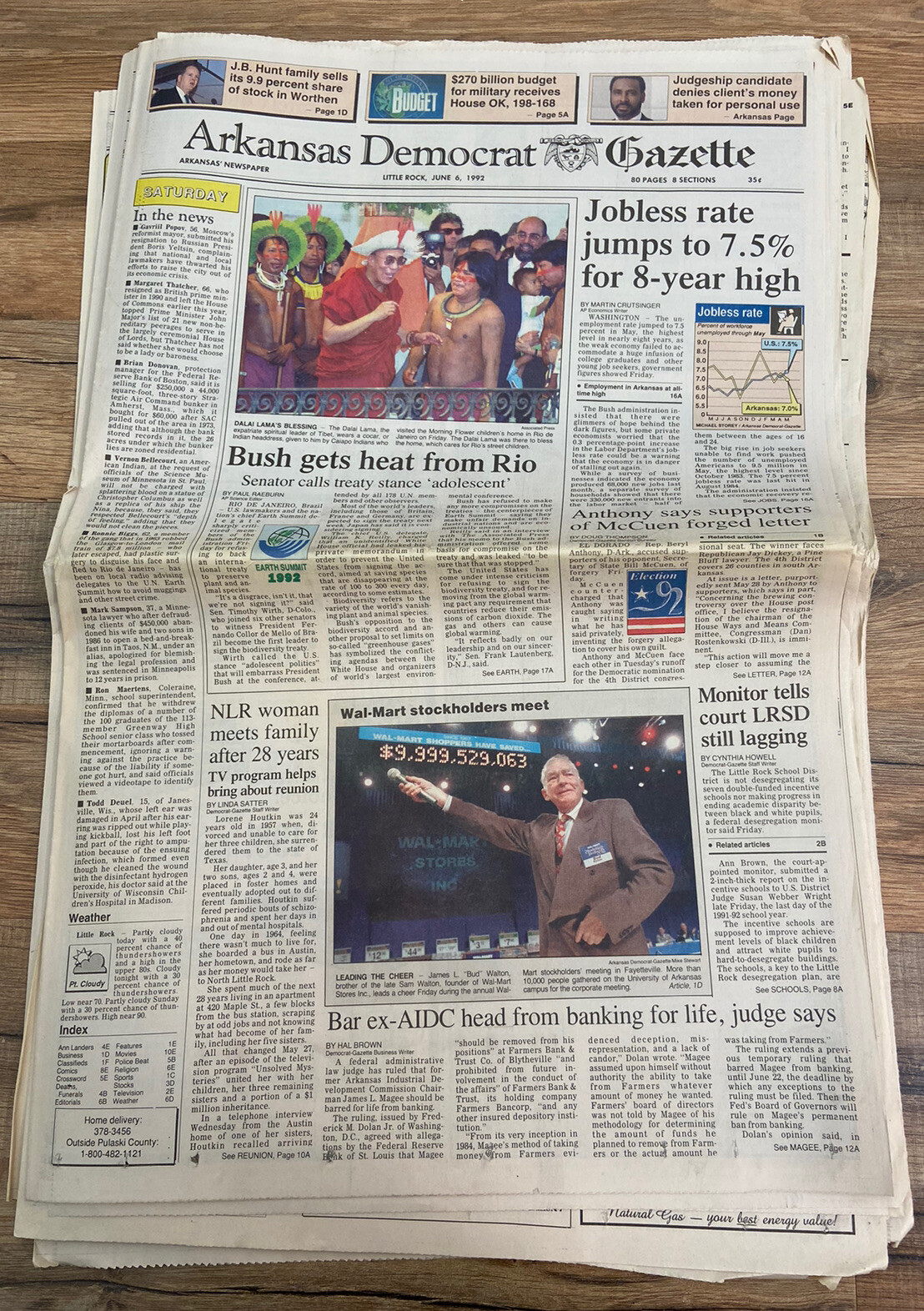 Arkansas Democrat Gazette Newspaper June 6 1992 Bush Rio Bud Walton ...