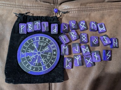 Handmade Purple and Gold Rune Stones and Rune Board And Carry Bag | eBay UK