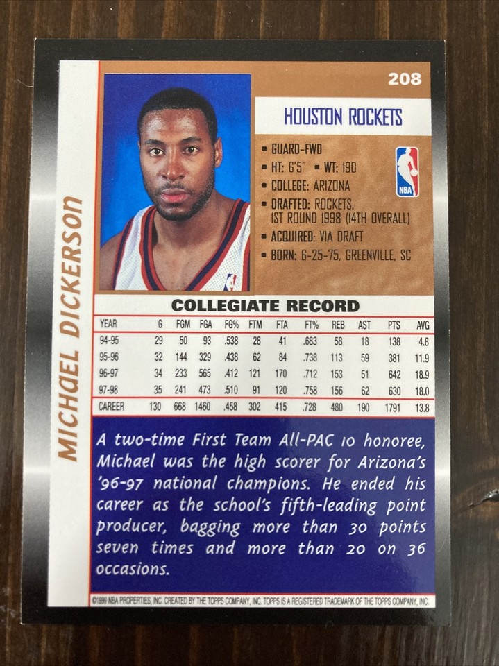 1999 Topps NBA Rookie Card Houston Rockets #208 Michael Dickerson | eBay