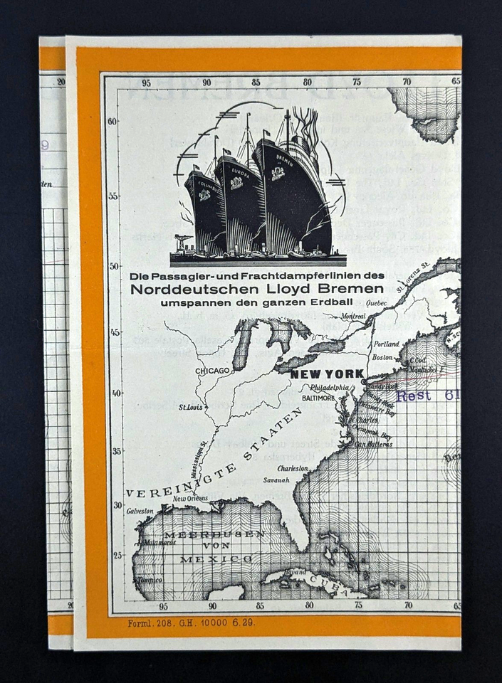 1929 North German Lloyd SS Bremen Transatlantic Route Map Voyage Log | eBay