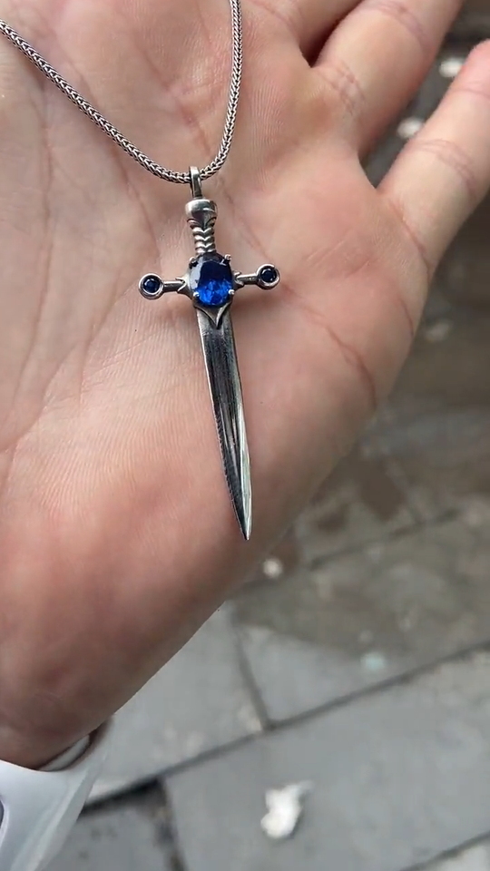 Silver Sword Pendant Sapphire Stone Necklace 925K Sterling Silver ...