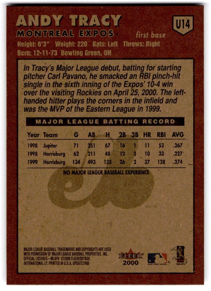 Andy Tracy 2000 Fleer Tradition Update #U14 RC Montreal Expos Rookie | eBay