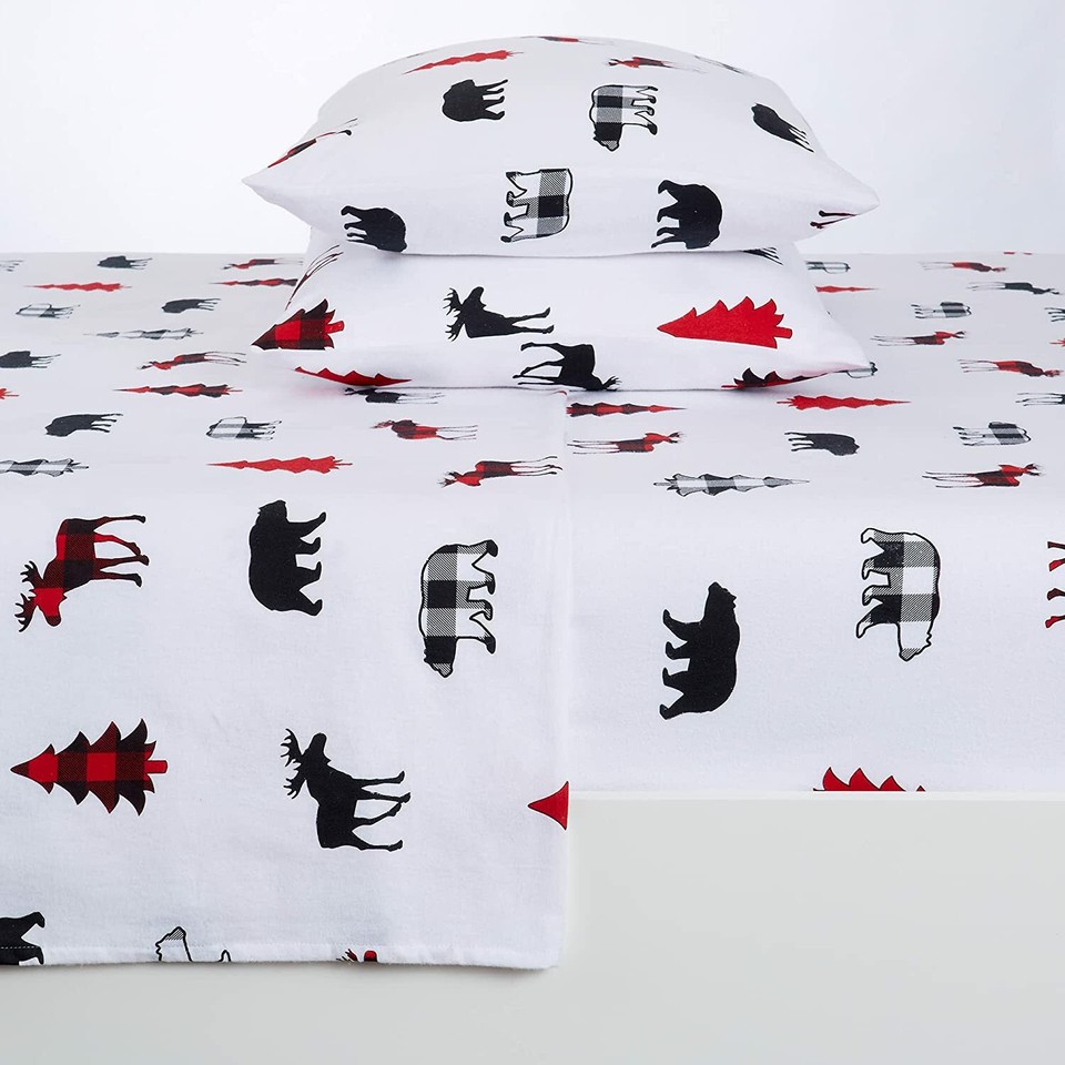 Red Black Plaid Bear Moose 4pc Cotton Flannel Sheet Set Twin Full Queen ...
