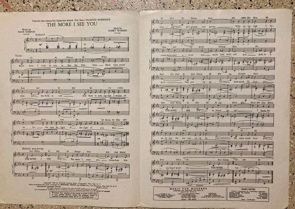 VINTAGE PIANO SHEET MUSIC 1945 THE MORE I SEE YOU BETTY GRABLE DICK ...