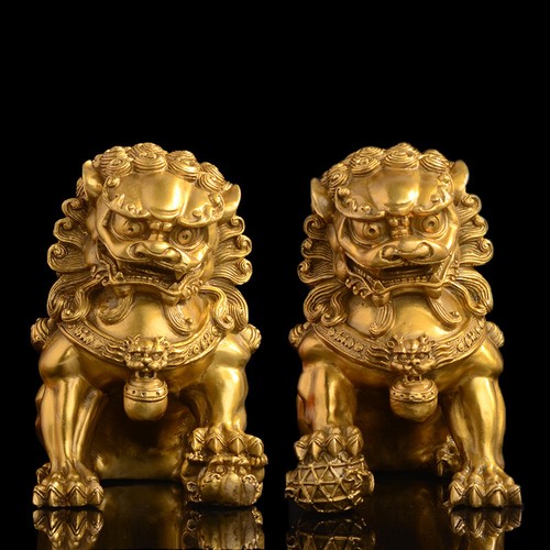 A Pair Feng Shui Chinese Bronze Lion Statue Copper Evil Guardian Door ...