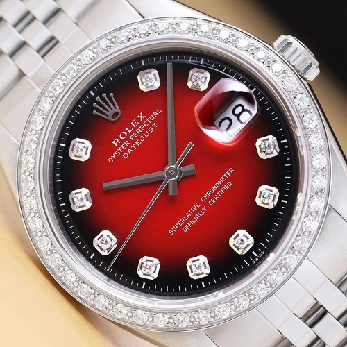 Rolex Hommes Datejust Rouge Vignette 18K Or Acier Montre Diamant W ...