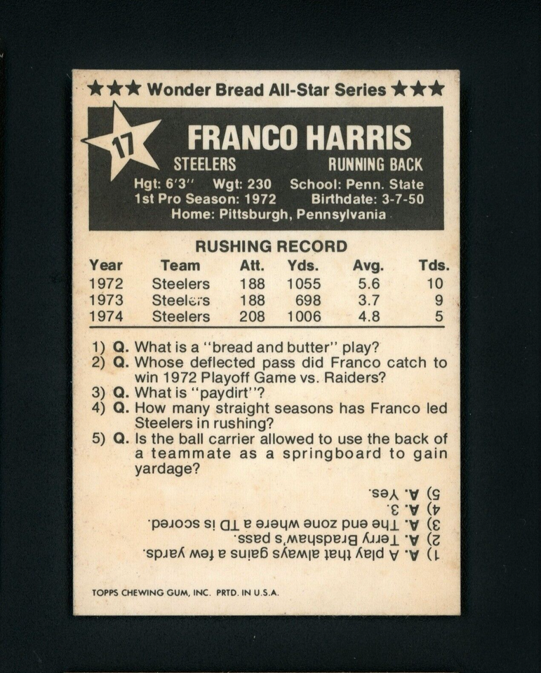 Franco Harris 1975 Topps Wonder Bread (HOF) Pittsburgh Steelers #17 EX ...