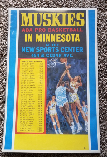 RARE! Vintage MINNESOTA MUSKIES ONLY YEAR 1967-68 ABA BASKETBALL POSTER ...