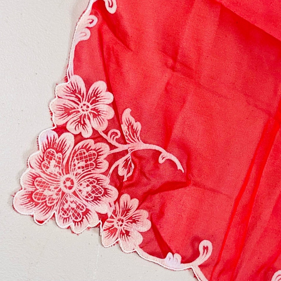 Handkerchief Red Sheer Nylon Ladies White Flowers Scalloped Edges Label ...