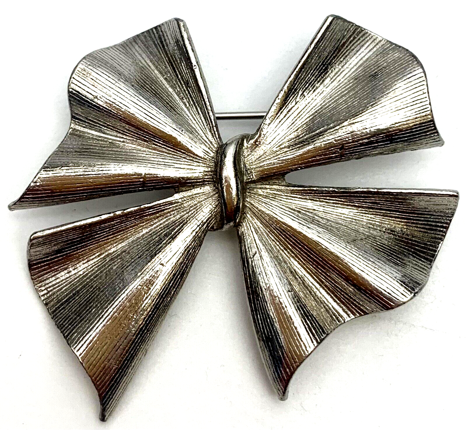 Silver Tone Bow Brooch Pin Stylized Ruched Look Ruche Textured Classic ...