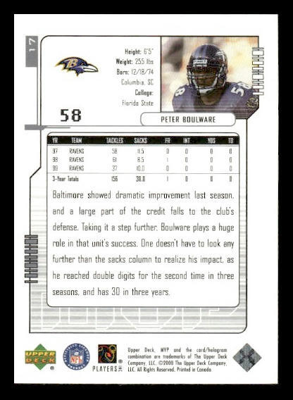 2000 Upper Deck MVP #17 Peter Boulware Silver Script Baltimore Ravens ...