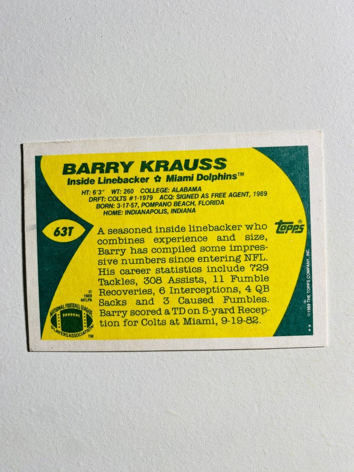 1989 TOPPS TRADED #63T BARRY KRAUSS NM-MT NFL FOOTBALL CARD | eBay