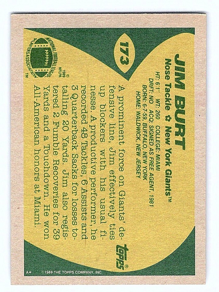 1989 Topps #173 Jim Burt - FREE SHIPPING | eBay