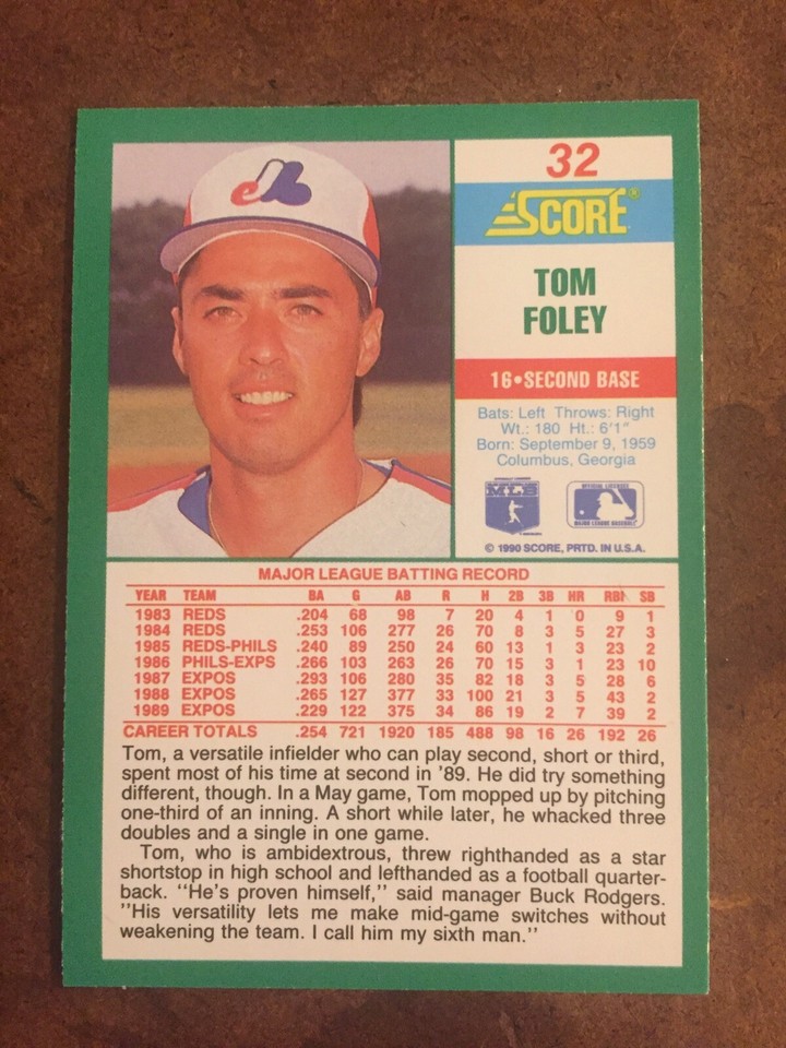 Tom Foley 32 Score 1990 MLB Baseball Trading Card | eBay
