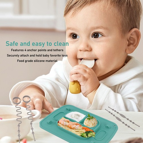 (Cyan)Baby Silicone Suction Plate Safe Slip Resistant Divided Placemat ...