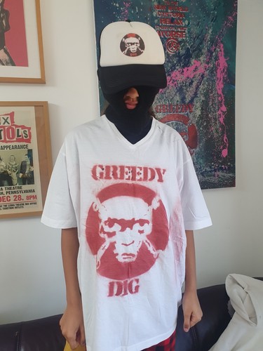 GREEDY DIG T-SHIRT Size L. 1 off design, HAND MADE UNIQUE ARTWORK. Punk ...