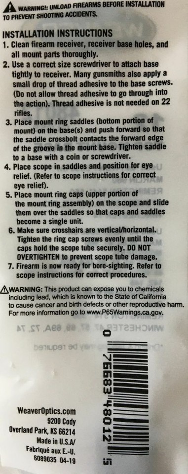 Weaver, Model #12 Top Mount Base, Fits Front Rear See models , Gloss ...