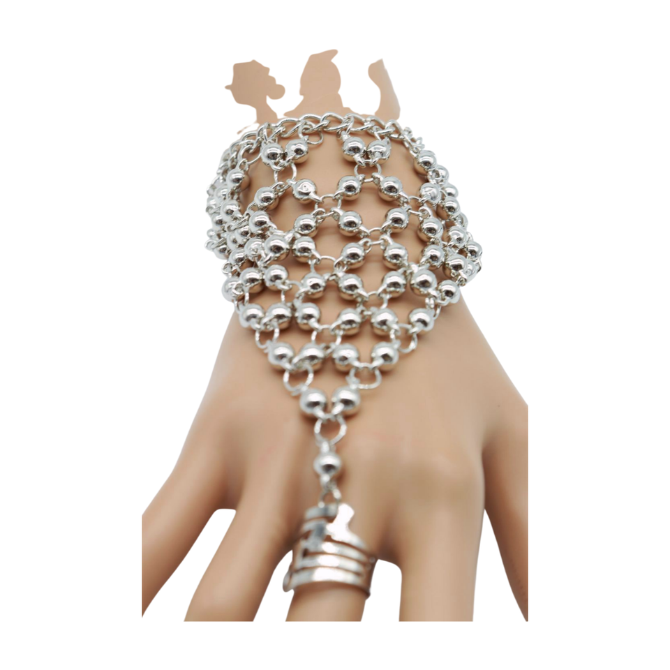 Women Silver Metal Hand Chain Bracelet Ball Charm Ring Connected ...