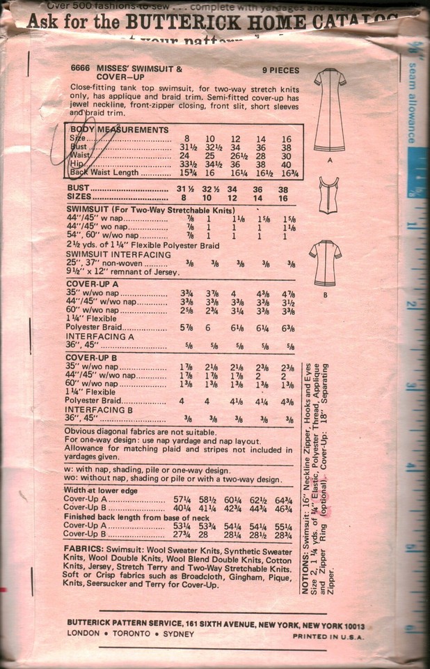 6666 Vintage Butterick Sewing Pattern Misses 1970s Close Fitting ...