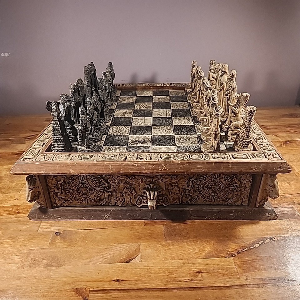 Antique Aztec Mayan Style Stone Resin Chess Set Storage Drawers 4 ...