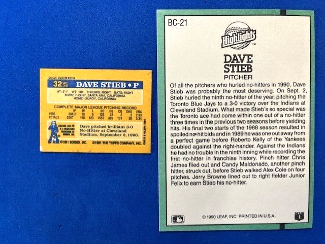 Dave Stieb 1991 Topps 40th Anniv Mini Card & 1991 Donruss HIghlights | eBay
