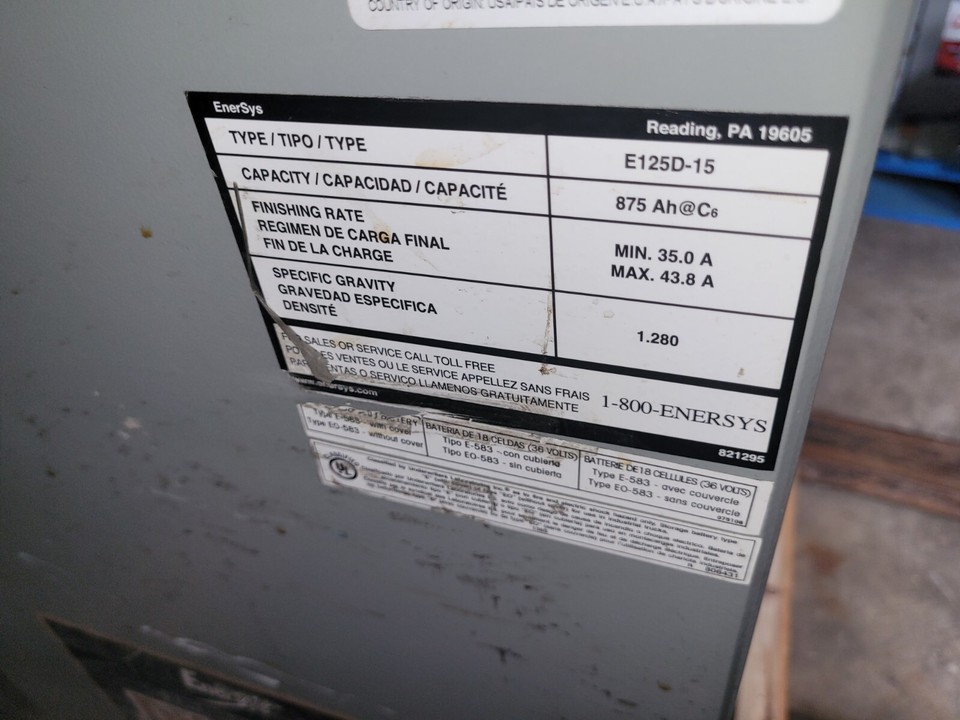 FORK LIFT BATTERIES, STAND UP LIFT, ENERSYS D125D-15, 36 VOLT, 875 AH ...
