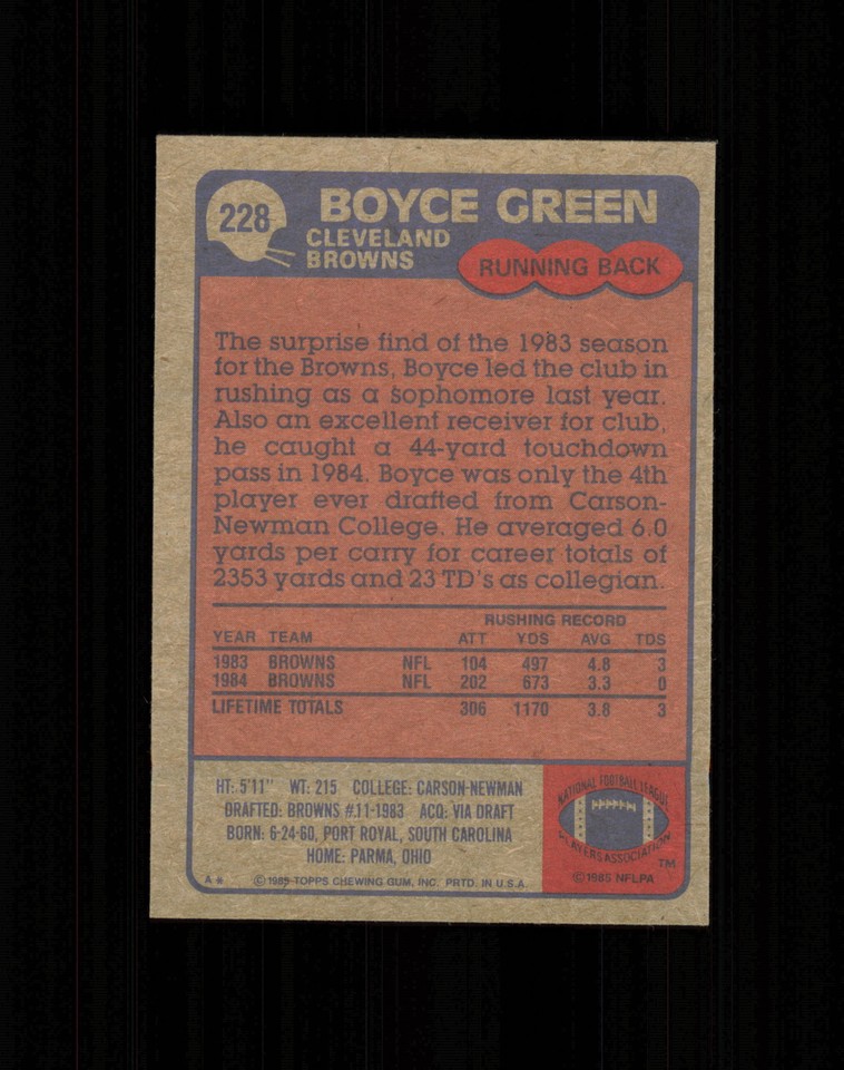 1985 Topps Football #228 Boyce Green RC Cleveland Browns | eBay