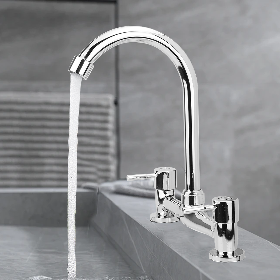 Modern Kitchen Mixer Tap Dual Lever Swivel Spout Mono Chrome Sink Taps ...
