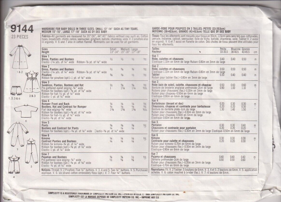 9144 SIMPLICITY Crafts - Wardrobe for Baby DOLL - Size S 13/14" | eBay