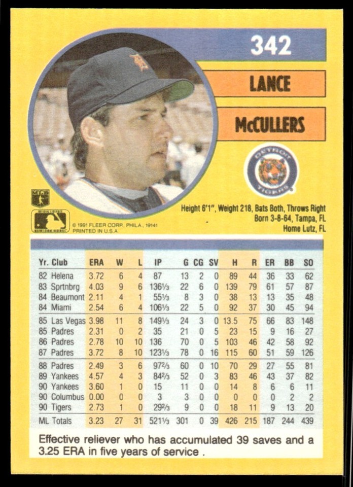 1991 Fleer Baseball Card Lance McCullers Detroit Tigers #342 | eBay