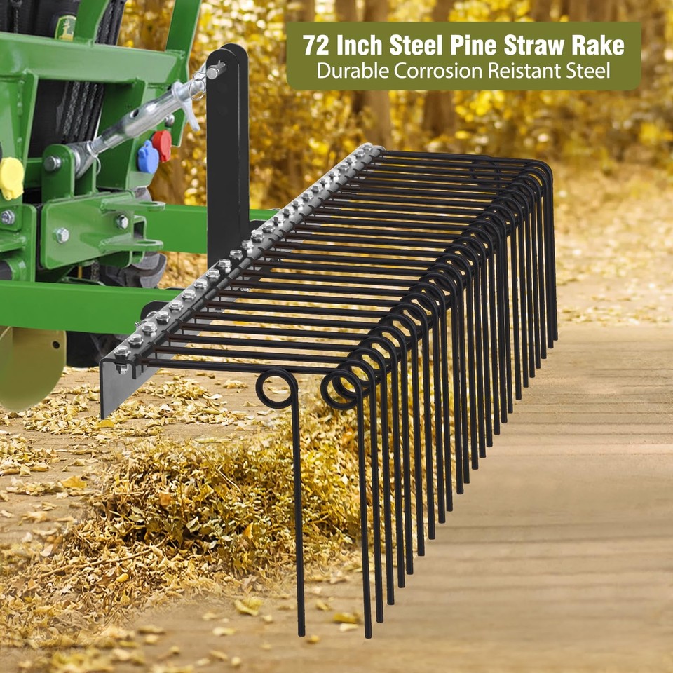 72" Steel Pine Straw Needle Rake 3 Point Hitch for Tractors Fit for Cat ...