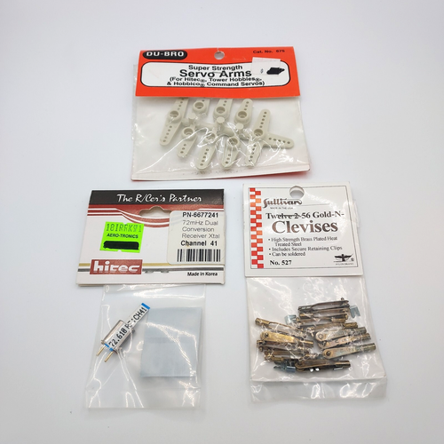 RC airplane parts: Clevises, receiver, servo arms, Discontinued or hard ...