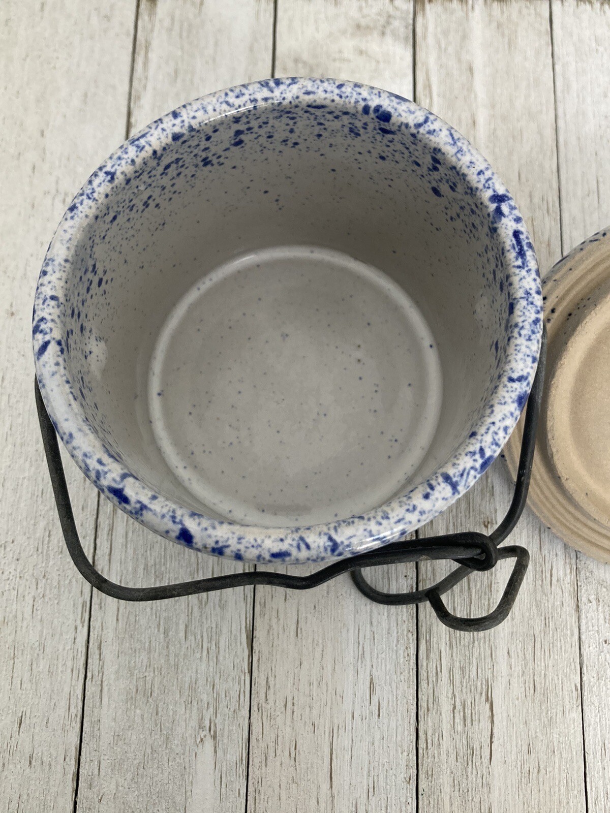 Vintage Blue Speckled Crock Locking Wire Lid Holly Crest Cheese Spread ...