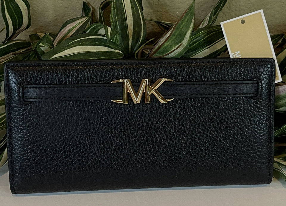 MICHAEL KORS REED LARGE SNAP WALLET FLAP CARD CLUTCH MK BLACK LEATHER ...