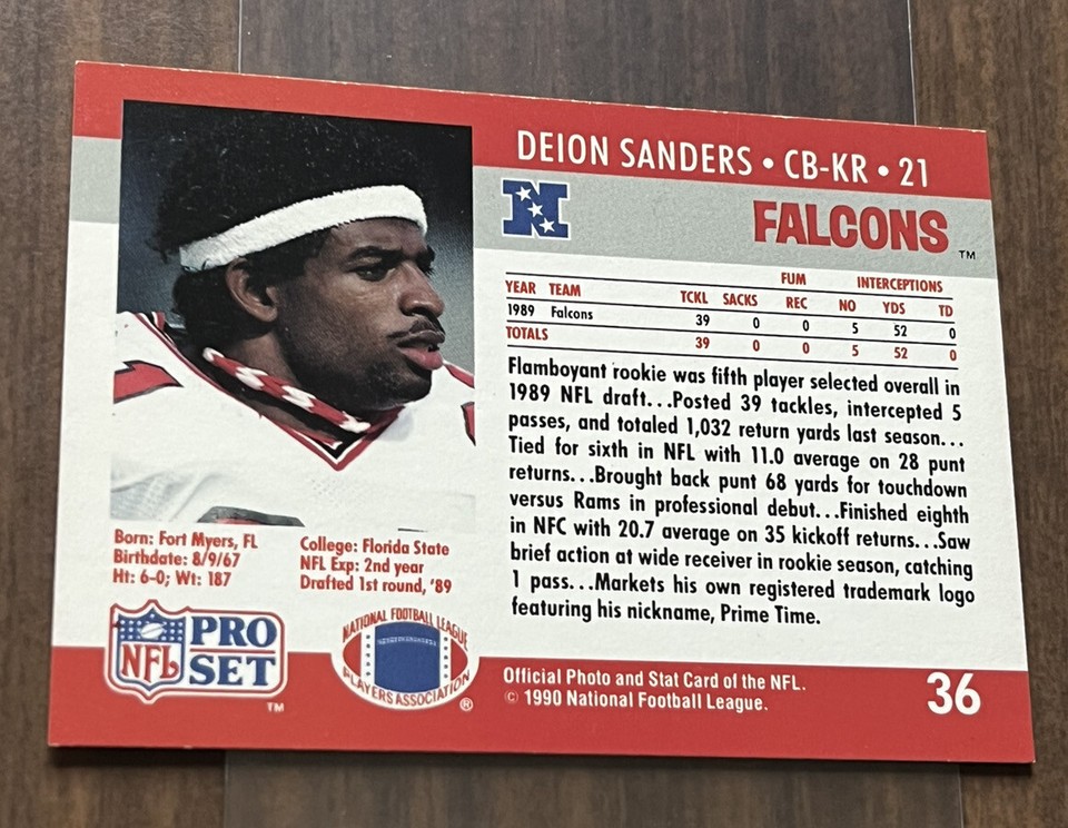Deion Sanders 1990 NFL Pro Set CB KR Card # 36 - Atlanta Falcons NFL ...