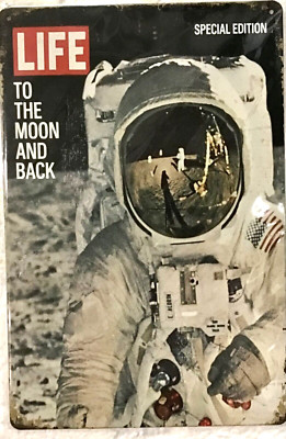 TIN SIGN new 8x12 Astronaut moon landing American flag Life magazine ...