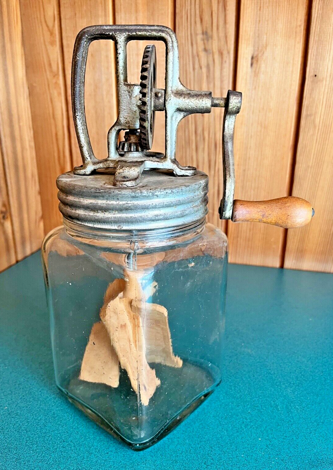 Vintage 2 Quart Butter Churn Mixer Whipper Wood Hand Crank Wood Blades ...