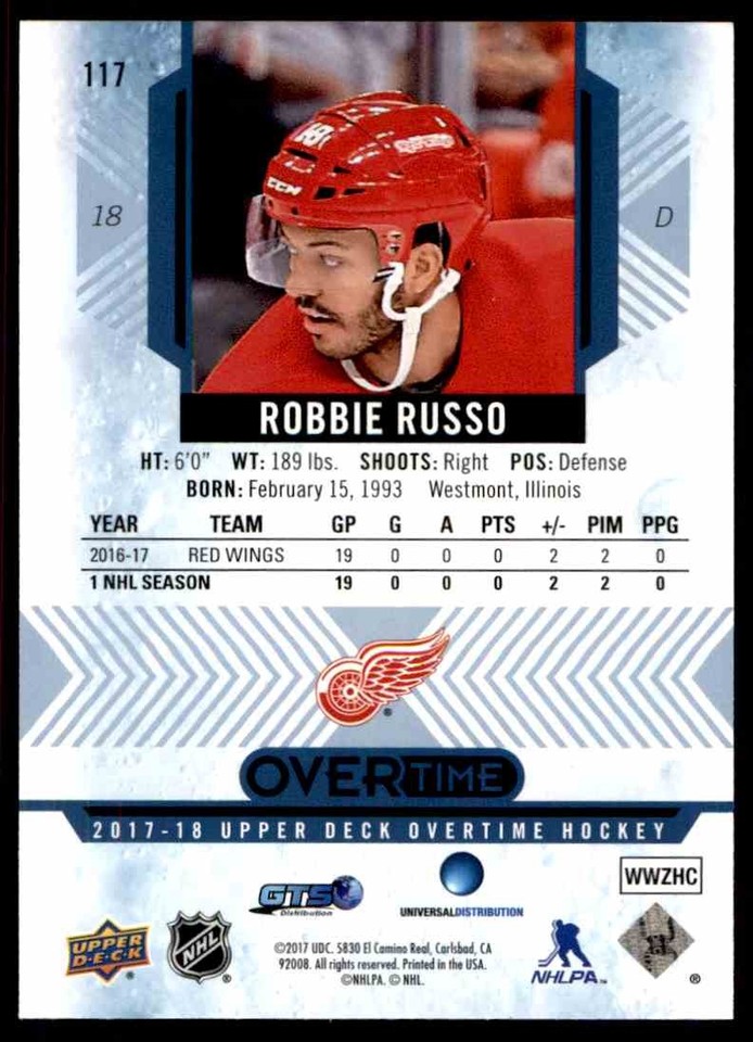 2017-18 Upper Deck Overtime Blue Foil Robbie Russo Rookie Detroit Red ...