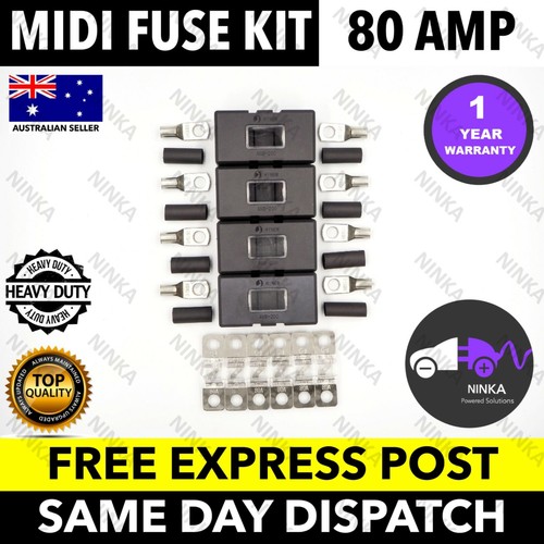 Midi Fuse Kit 4 x ANS Holder + 6 x 80 AMP IN LINE Fuses 8 Lugs/Heat ...