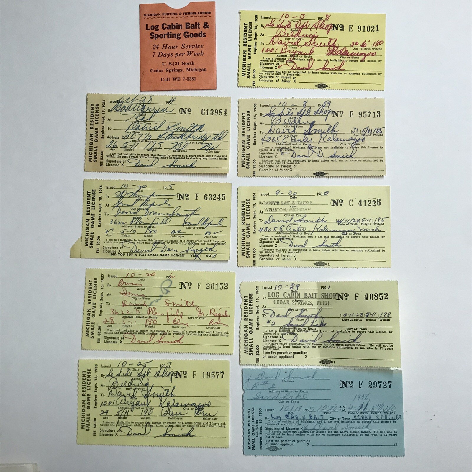 Vintage LOT of 9 Michigan Resident Small Game License 1954 - 1962 | eBay
